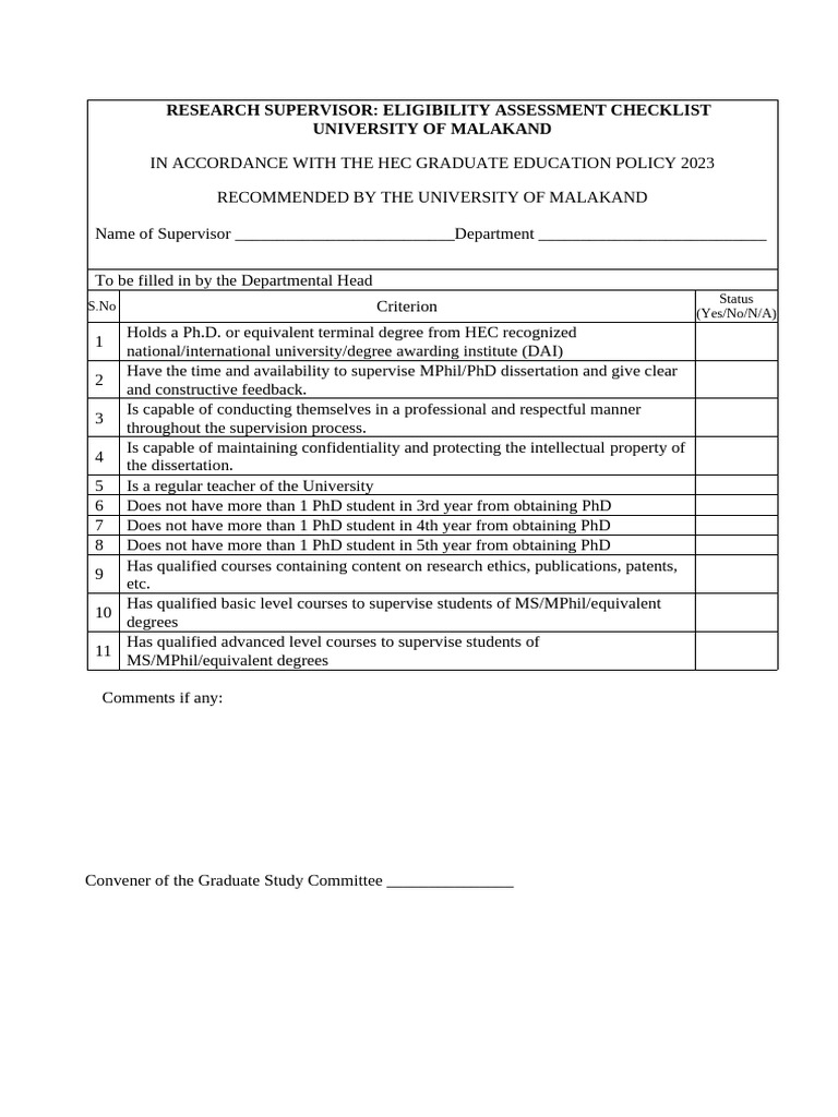 research supervisor check list | PDF | Doctor Of Philosophy | Thesis