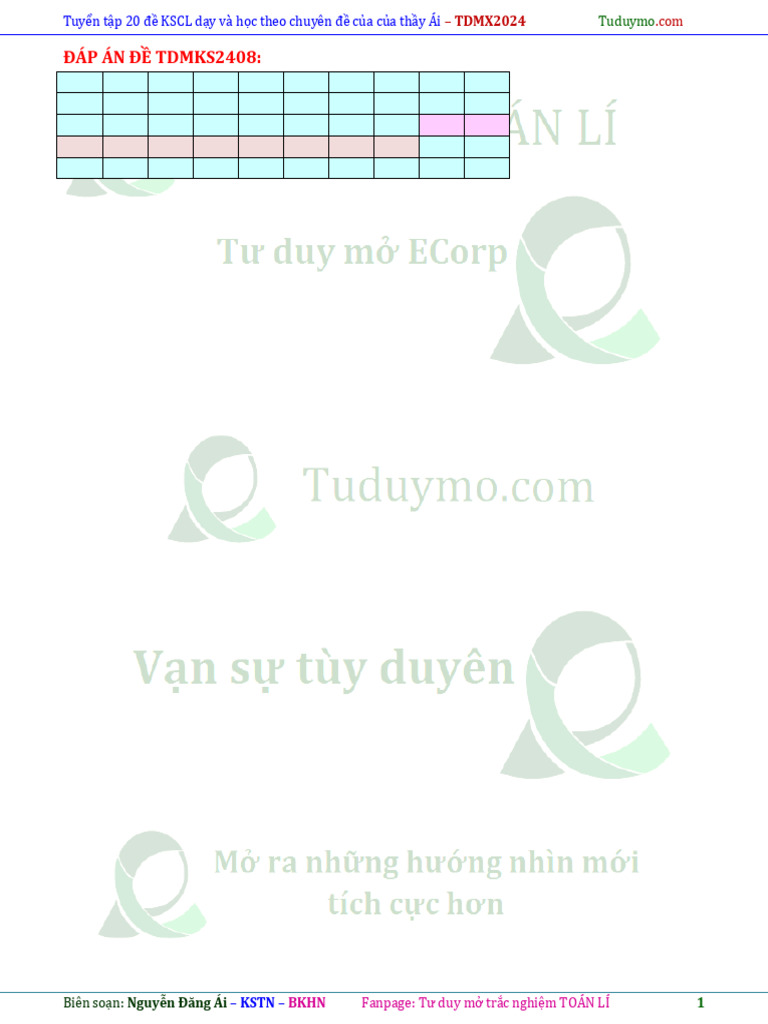KEY TDM2024 - KSCL08 - TDMW01 - TINH HOA LUYỆN ĐỀ HK1 SỐ 01 | PDF
