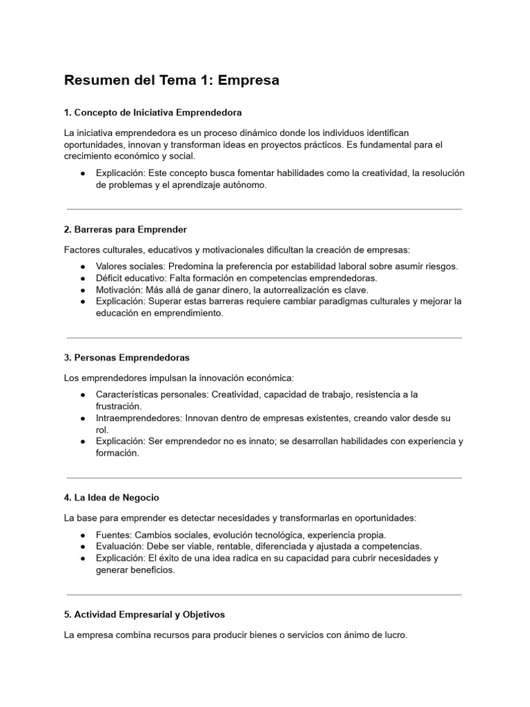 Resumen tema 1 EIE | PDF | Iniciativa empresarial | Plan de negocios
