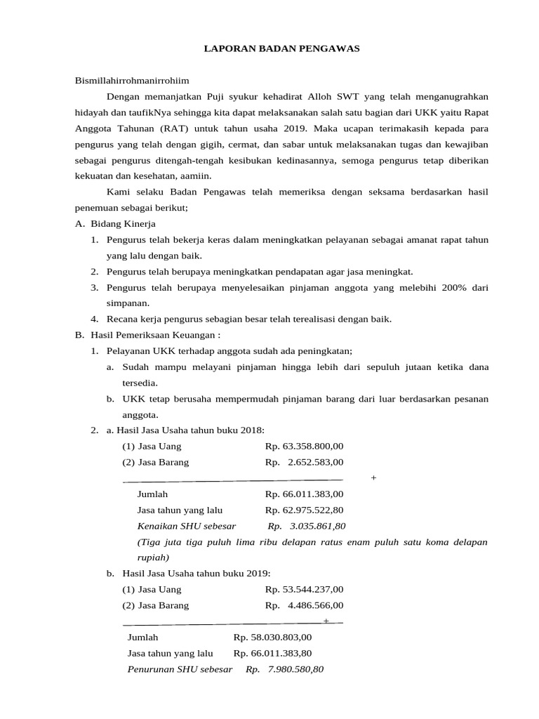 Laporan Badan Pengawas Ukk Tabuk 2019 | PDF