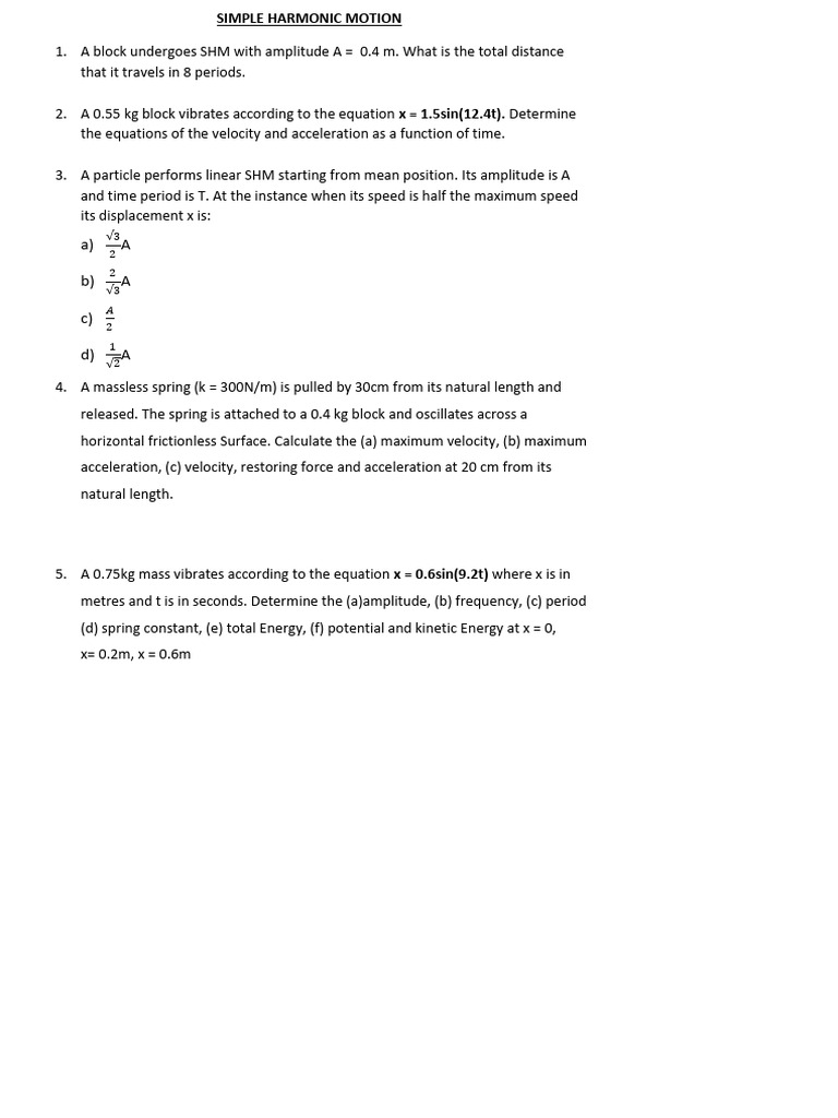 Simple Harmonic Motion - Exercises | PDF