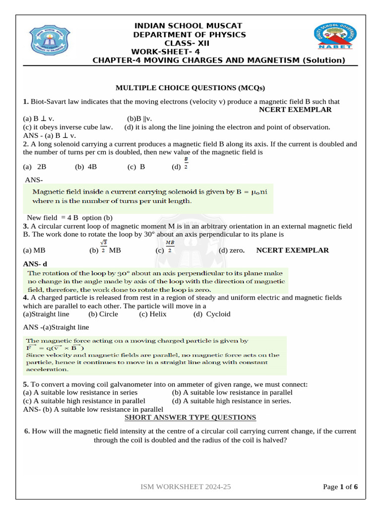 KEY XII-WS_CH 4_MOVING CHARGES -ONE HOUR_ISM WORKSHEET 2024-25 (1 ...