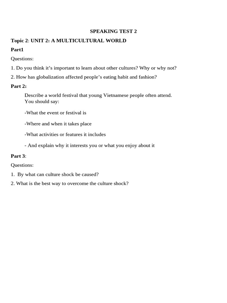 Speaking - Test2 - Unit 2 | PDF