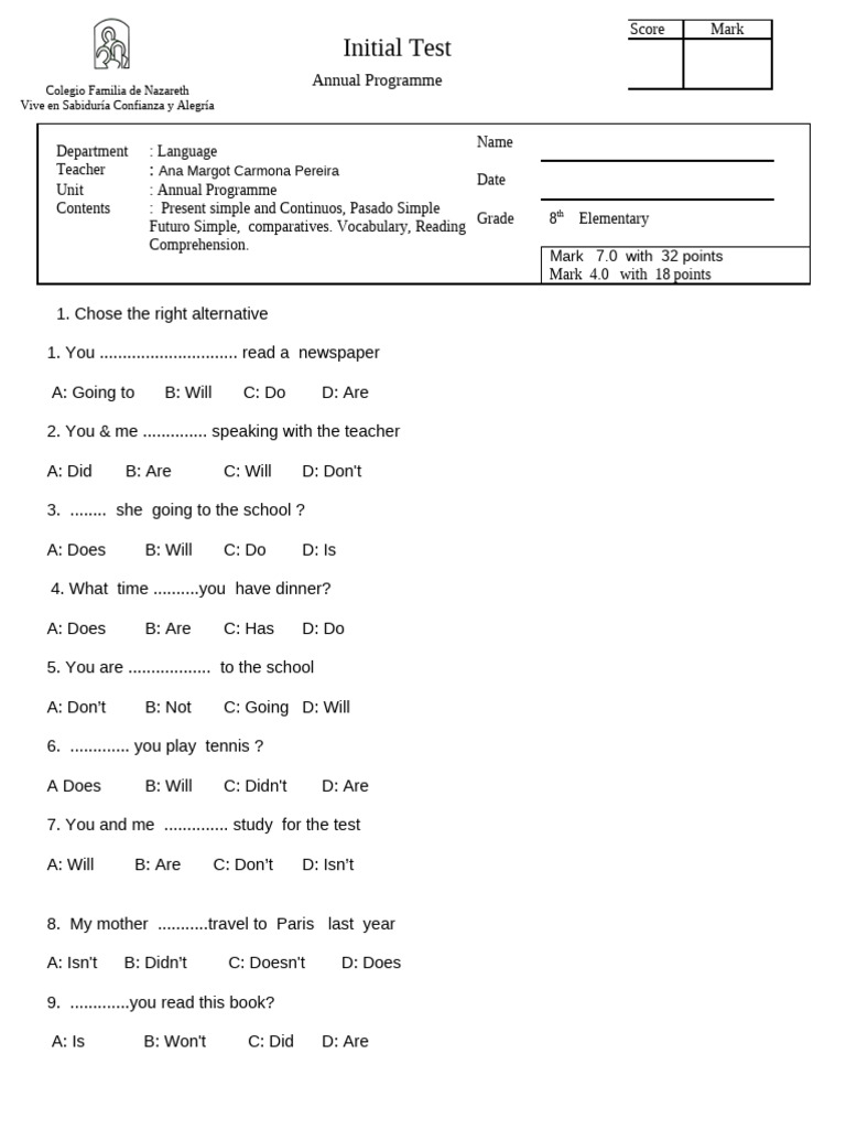 English Test for Primary | PDF