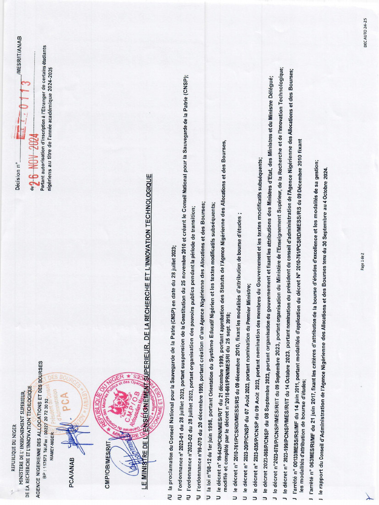 Décision N°0113-MES-R-IT-ANAB Du 26 Nov. 2024 (Autorisation 2024-2025) | PDF