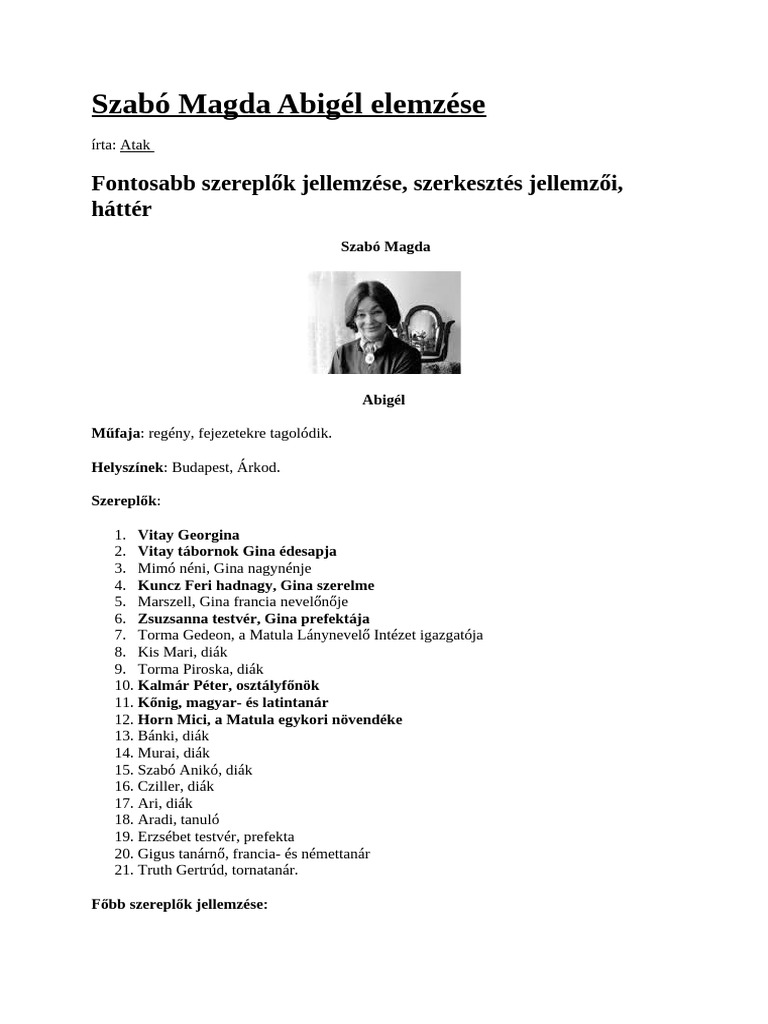 Szabó Magda Abigél Elemzése | PDF
