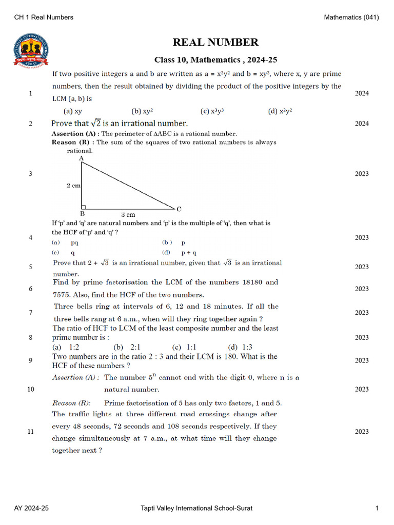 Class 10- Mathematics- Ch 1 Real numbers | PDF