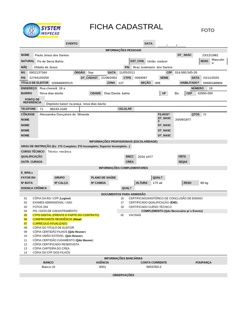 Modelo Ficha Cadastral | PDF | Governo e personalidade | Brasil