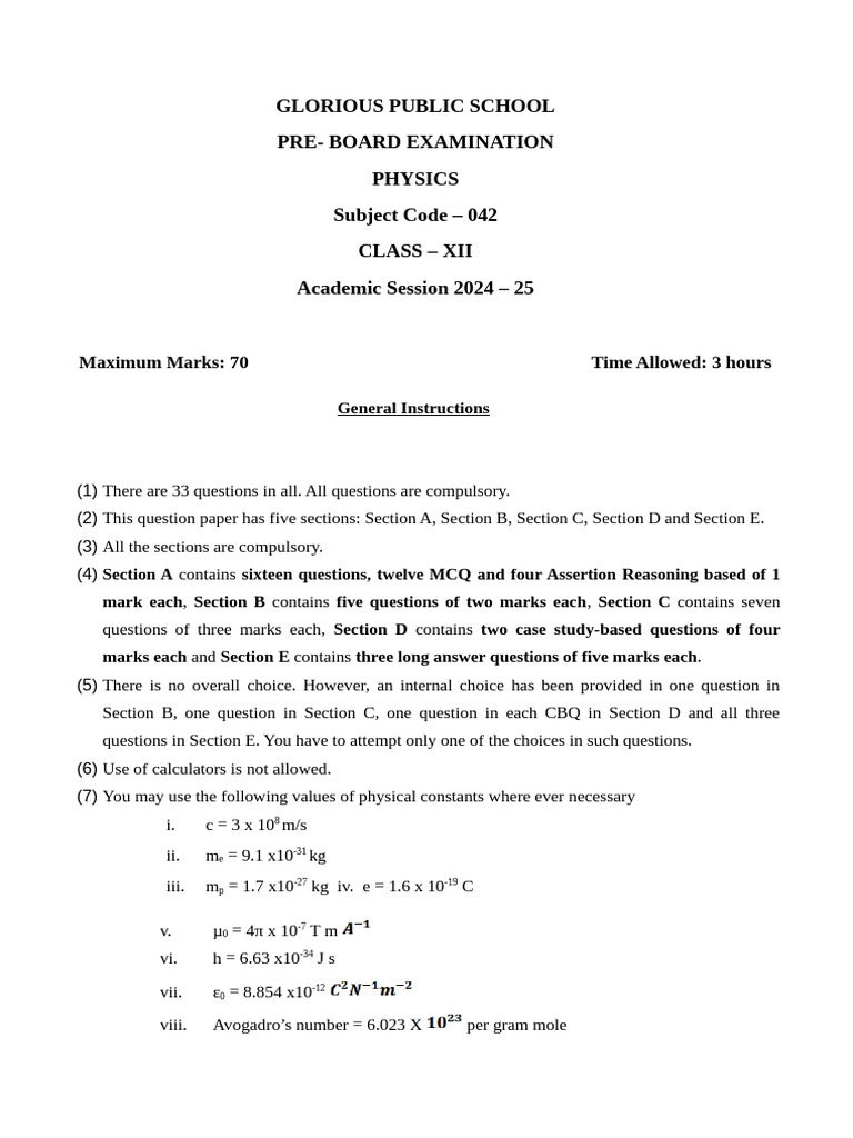Xii Physics Pre Board | PDF | Atomic Nucleus | Electron