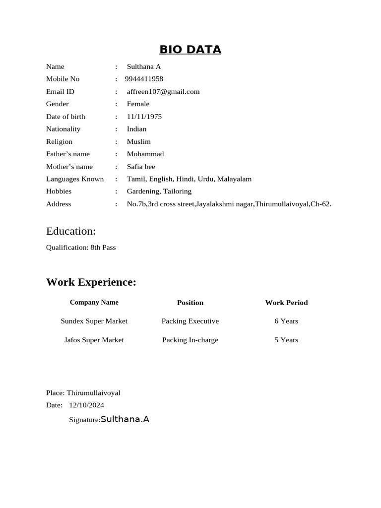Bio Data Sulthana | PDF