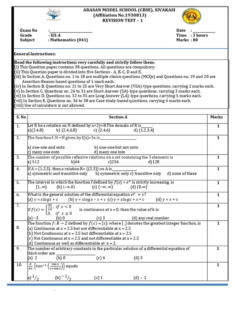 Grade Xii Math RT I 2024 | PDF | Multiple Choice | Mathematical Objects
