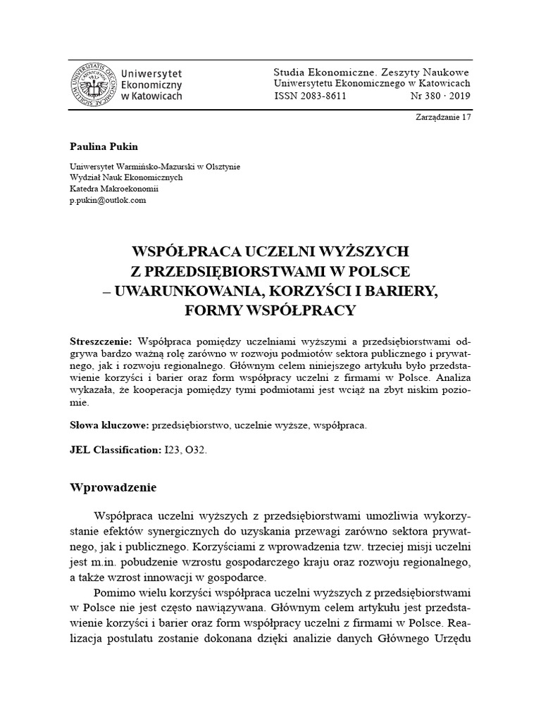Wspó Praca Uczelni Wy Szych Z Przedsi Biorstwami W Polsce - Uwarunkowania, Korzy Ci I Bariery ...