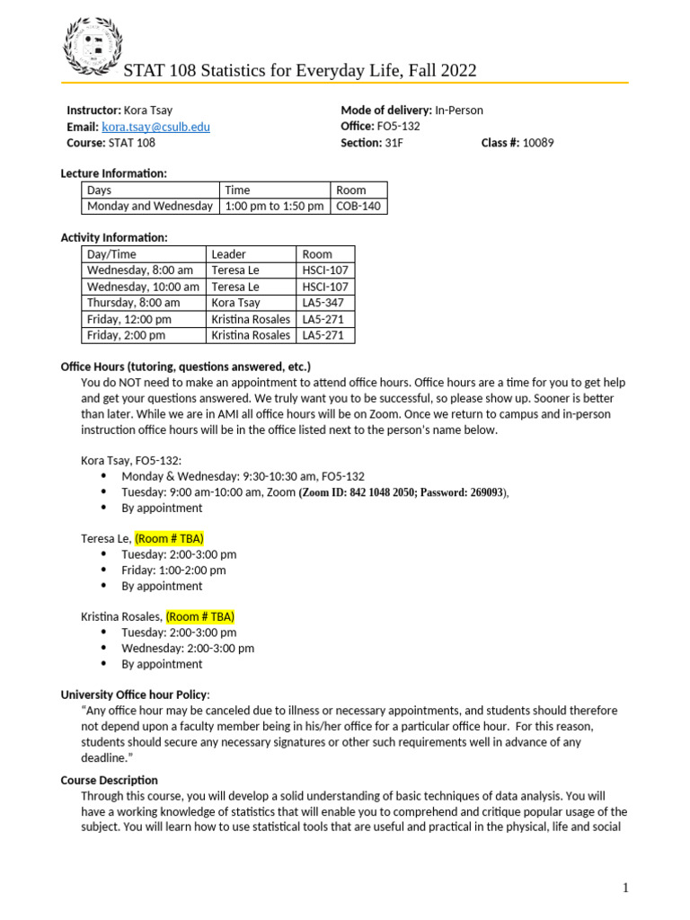 Syllabus - STAT 108 - Fall 2022-4 | PDF | Title Ix | Null Hypothesis