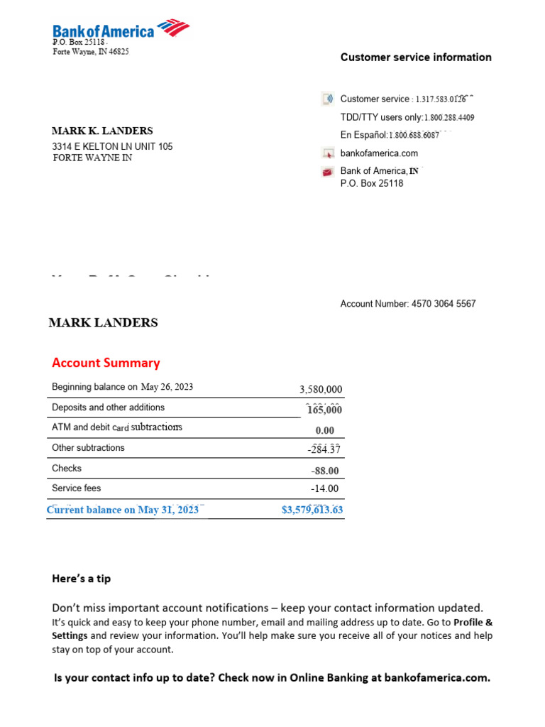 MR Landers BOA Account Summary | PDF | Service Industries | Personal Finance
