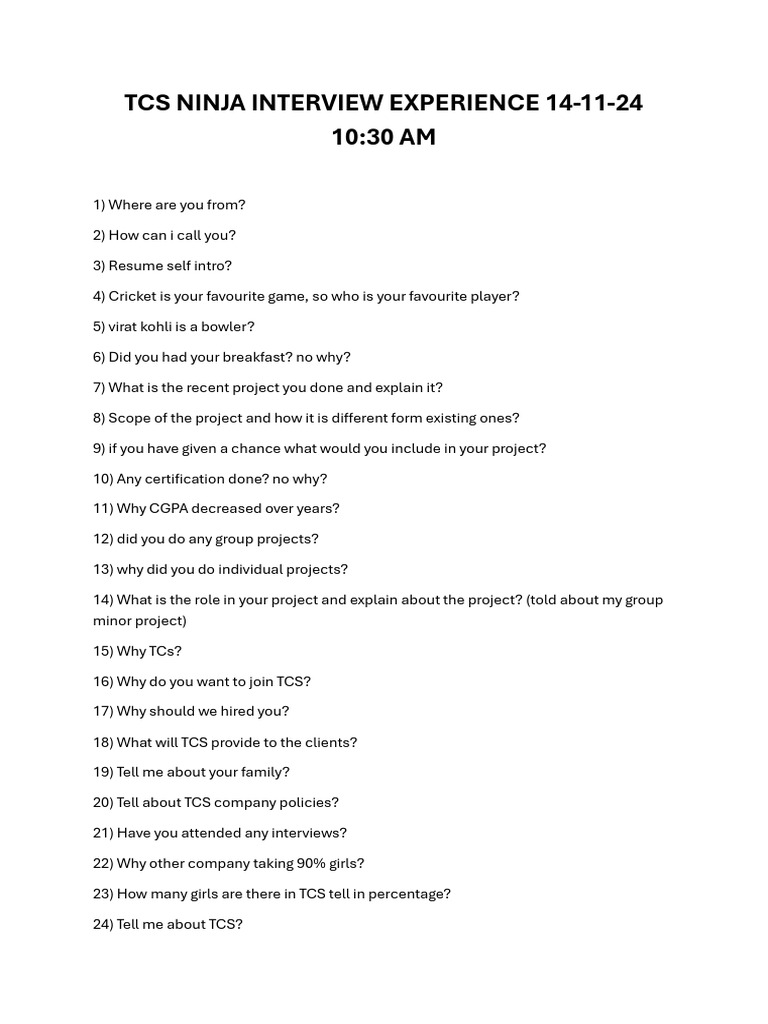 Tcs Ninja Interview Experience Qa 14-11-24 | PDF
