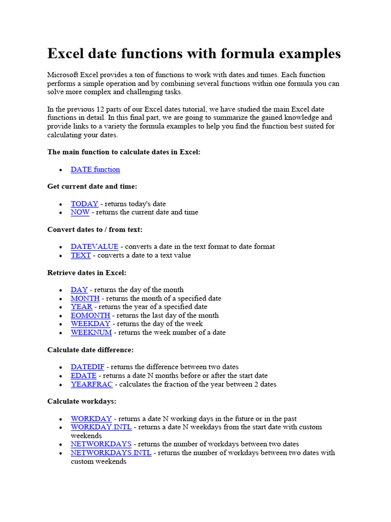 Excel Date Functions With Formula Examples Pdf Microsoft Excel Worksheet