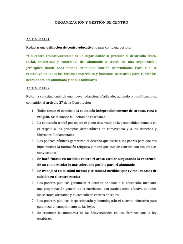 Actividades de Organización y Gestión de Centro. | PDF | Maestros ...