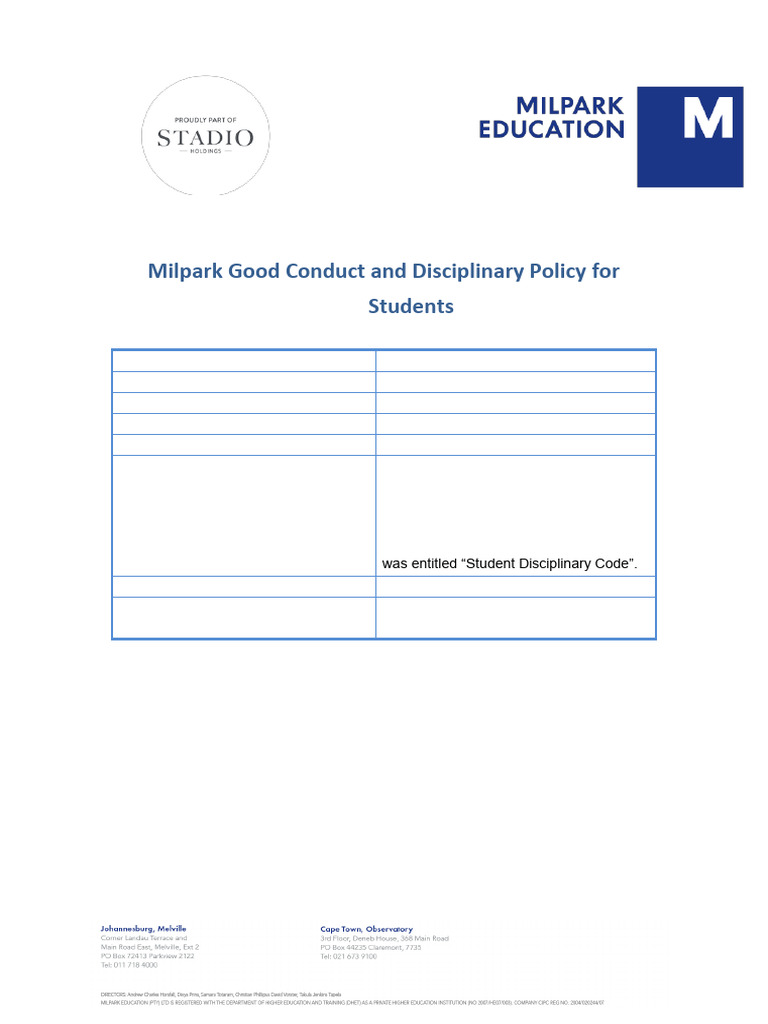 Milpark Education Student Good Conduct and Disciplinary Policy | PDF | Plagiarism | Academic ...