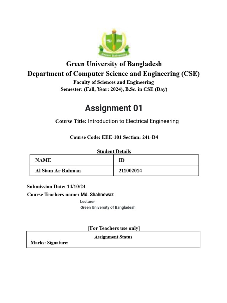 Al Siam Ar Rahman 211002014 EEE101 Assignment-01 | PDF