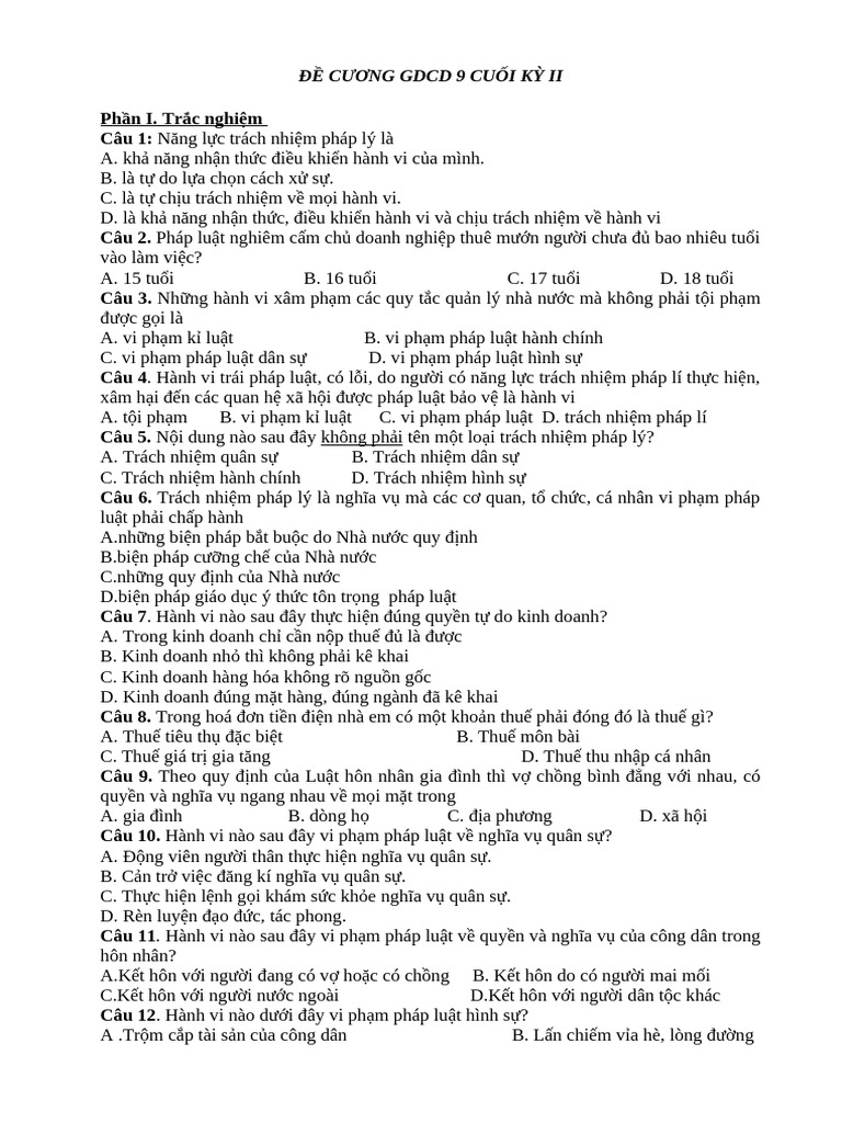 ĐỀ CƯƠNG GDCD 9 CUỐI KÌ 2 | PDF