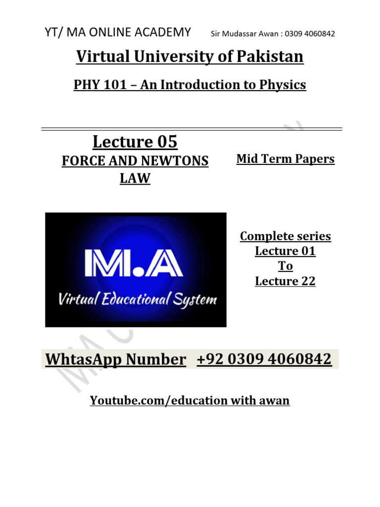 PHy 101 Lec 5 mcqs | PDF | Force | Friction