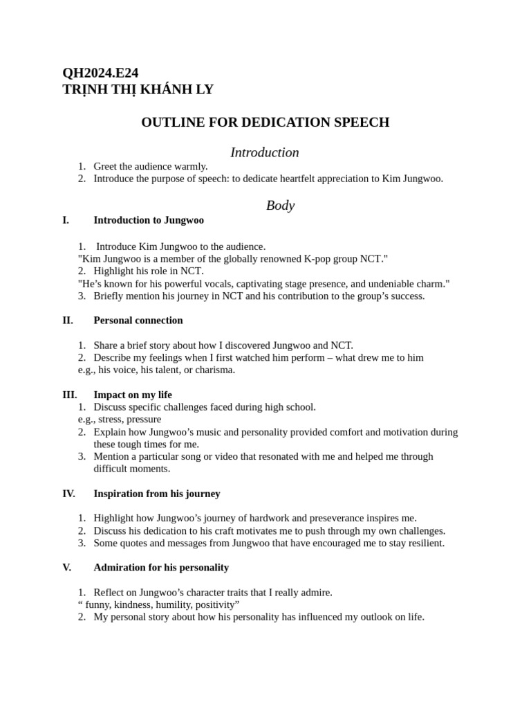 Outline For Dedication Speech | PDF