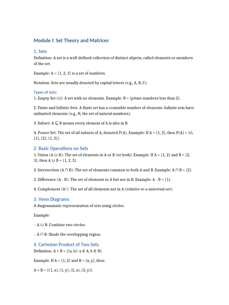 Module I Set Theory and Matrices | PDF | Set (Mathematics) | Matrix (Mathematics)