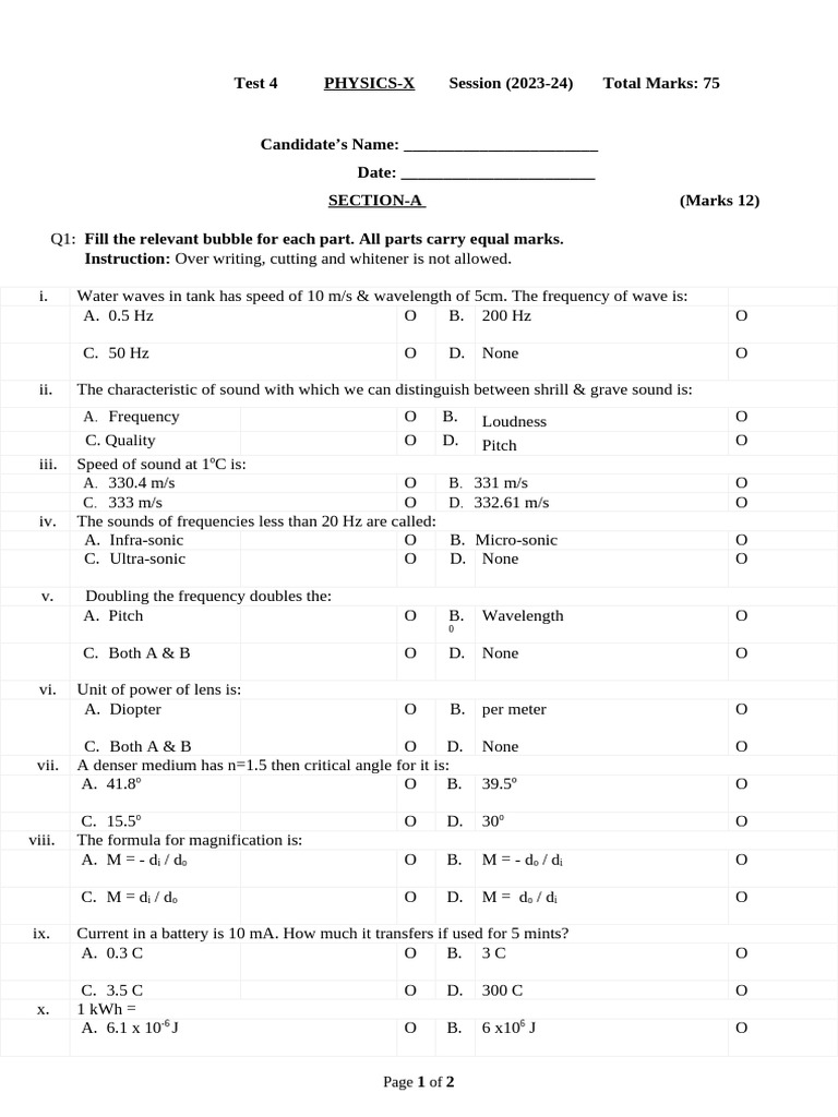 Phy 10th Test 4 (Half Book) | PDF | Sound | Mirror