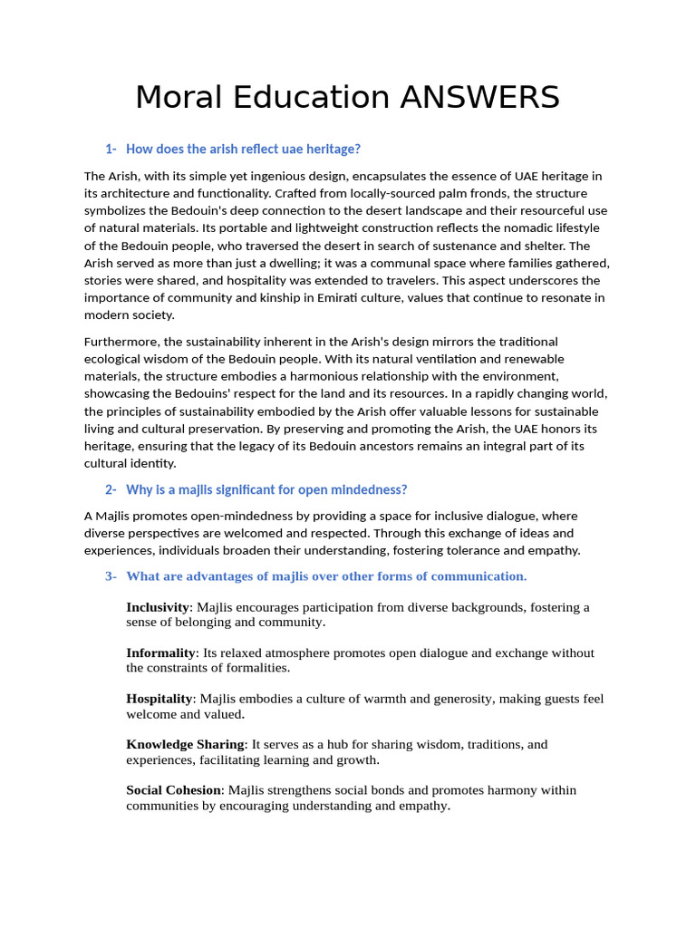 Moral Education ANSWERS | PDF | United Arab Emirates | Governance