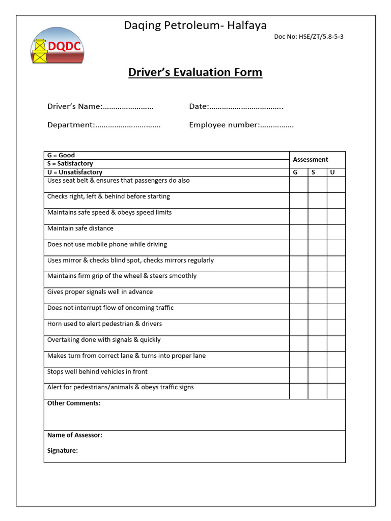 Drivers Evaluation Form | PDF