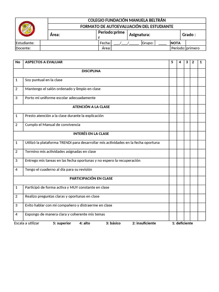 FORMATO-DE-AUTOEVALUACION-DEL-ESTUDIANTE (2024) | PDF