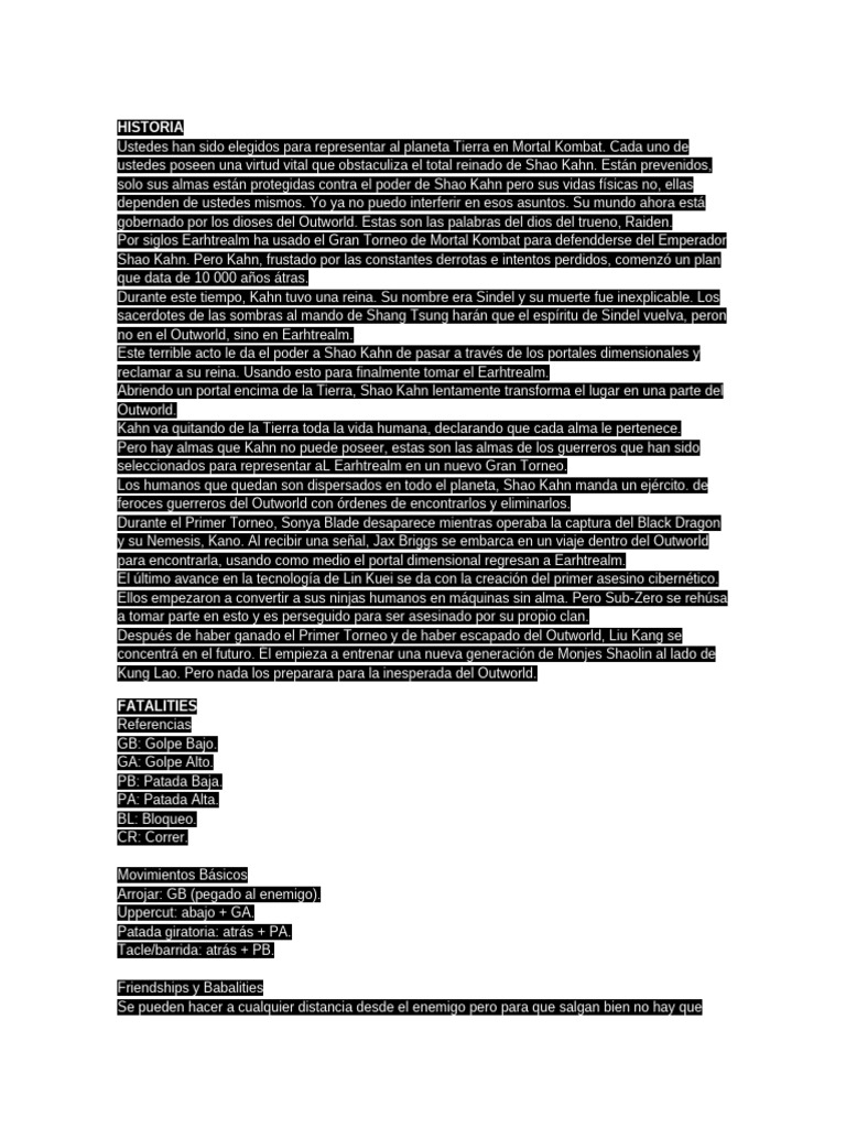 Fatalities Mortal Kombat Parte 1 | PDF