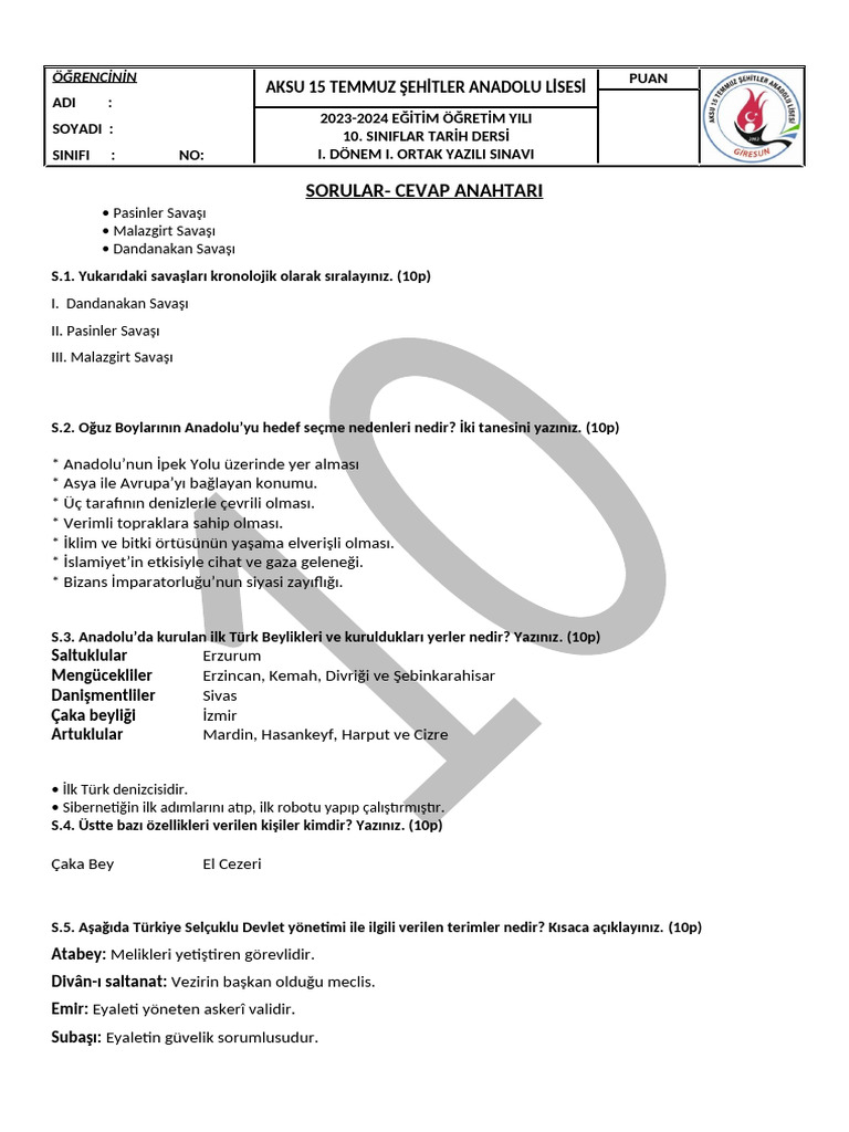 10.sinif 1.dönem 1.yazili Cevap Anahtari | PDF