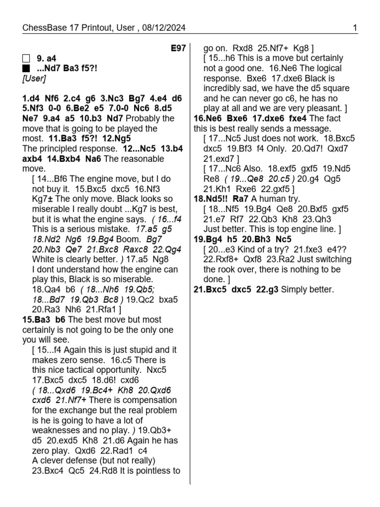 Chess Opening Analysis: E97 Variation | PDF | Chess | Chess Theory