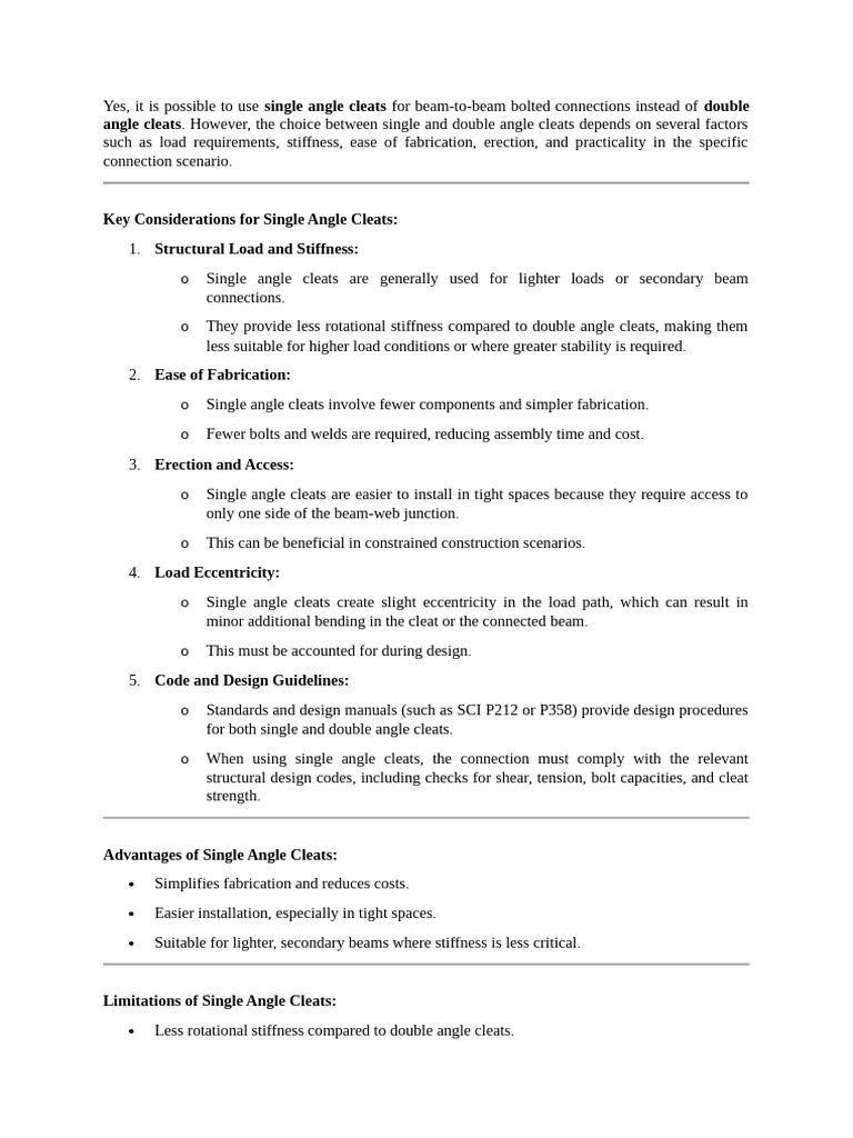 Single Angle Cleats Versus Double Angle Cleats Beam-To-Beam Bolted ...