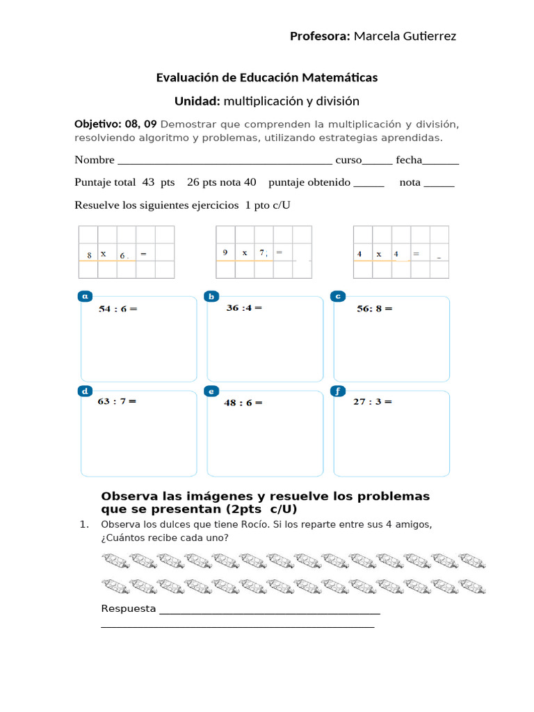 Evaluación de Multiplicación y División | PDF | Matemáticas ...