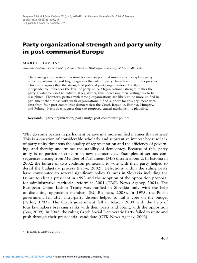 Tavits 2012 Party Organizational Strength and Party Unity in Post ...