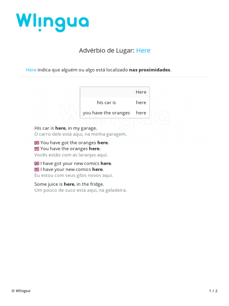 Advérbios de Lugar: Here e There | PDF