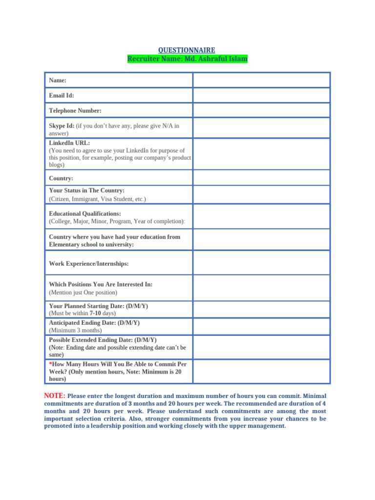 Internship Application Questionnaire | PDF