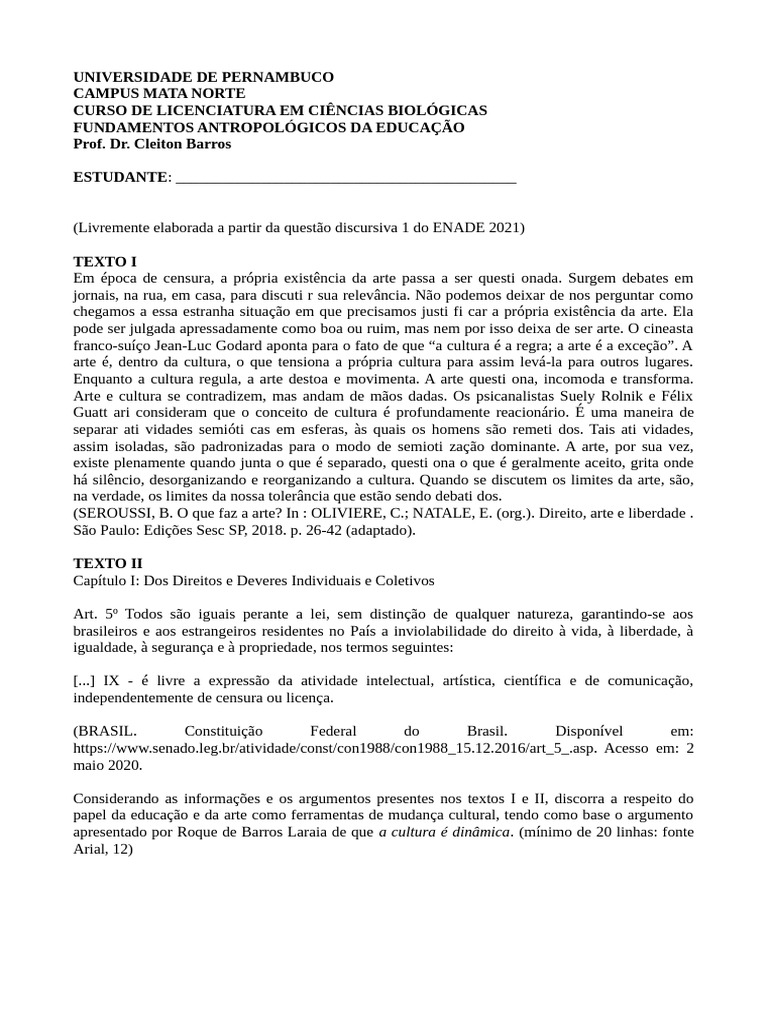 Prova Biologia 2 | PDF | Science | Liberdade