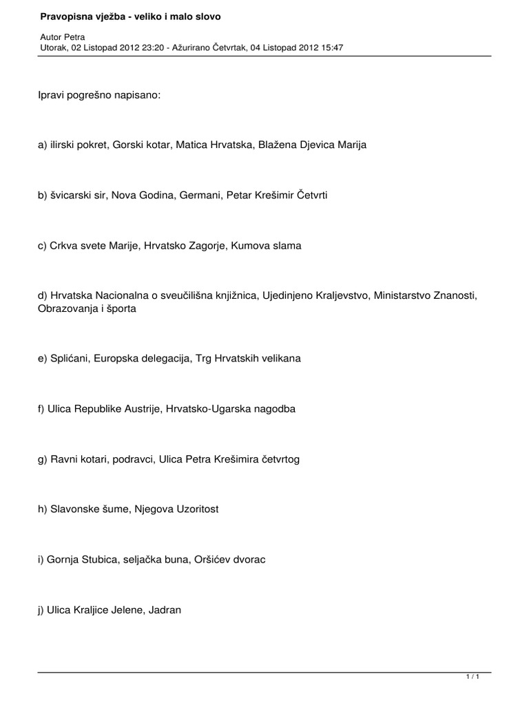 Pravopisna Vjezba Veliko I Malo Slovo | PDF