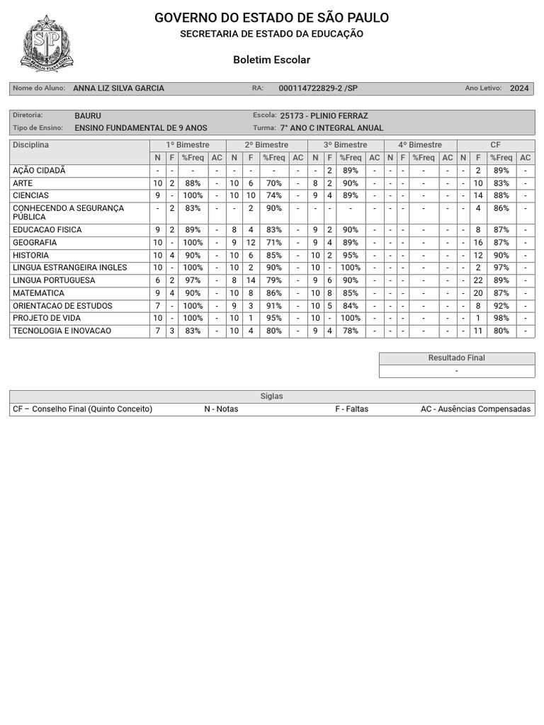 Boletim Escolar Do Aluno | PDF