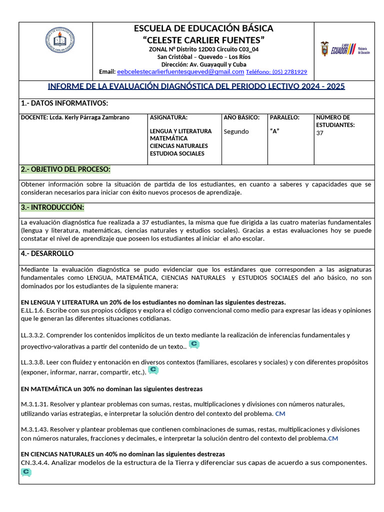 Informe de La Evaluacion Diagnostica 2024-2025 | PDF | Evaluación | Aprendizaje