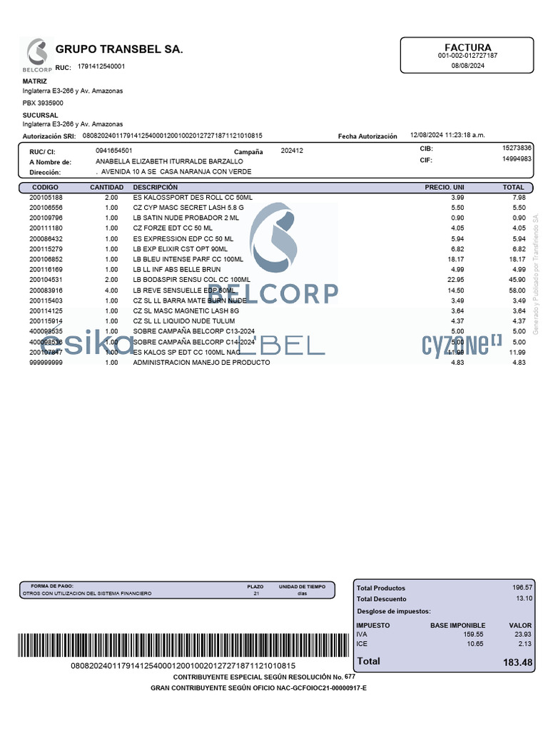 Belcorp FC 001-002-012727187 | PDF
