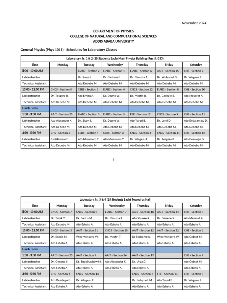 Phys 1011 Lab Schedules (Nov 2024) FC | PDF