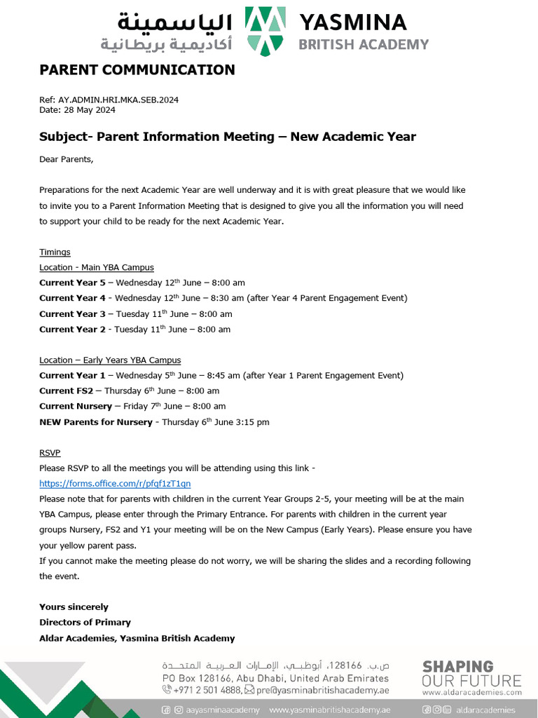 Yasmina British Academy - Parent Information Meeting - New Academic ...