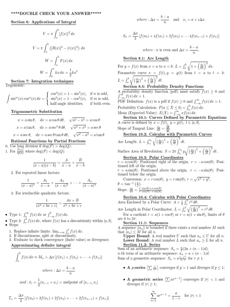 Calculus II Exam Cheatsheet. | PDF | Trigonometric Functions | Complex ...