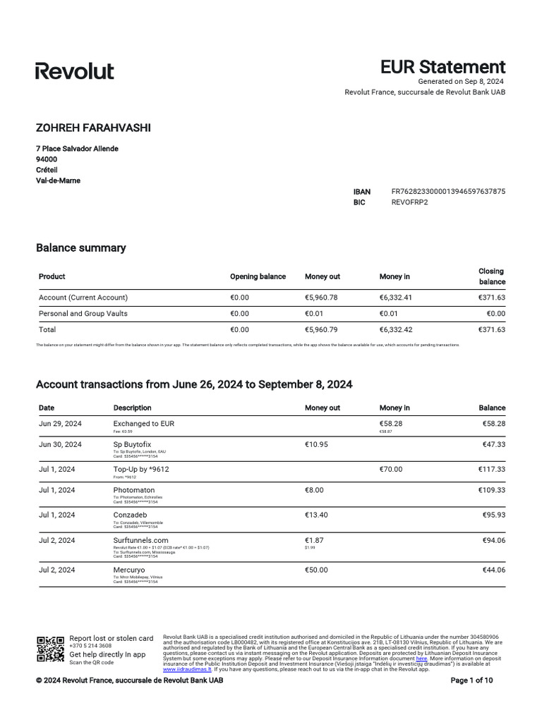 Revolut France Account Statement Summary | PDF | Banks | Lithuania