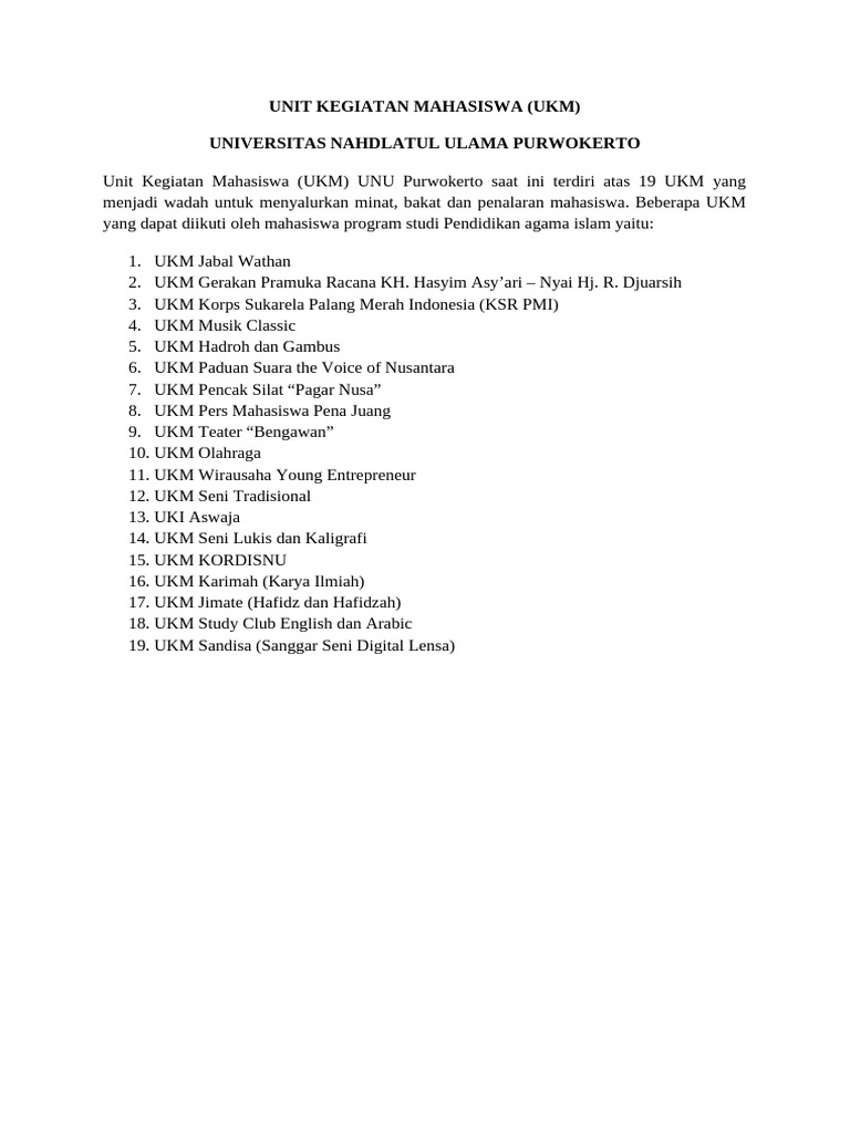 Unit Kegiatan Mahasiswa (Ukm) Unu Purwokerto | PDF