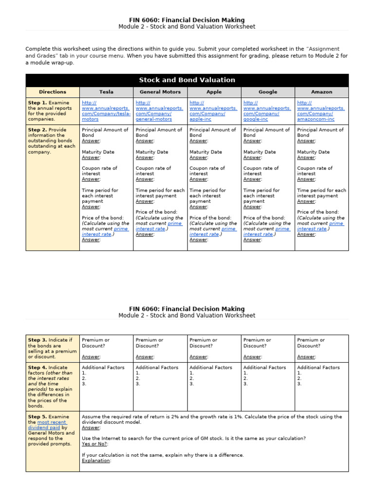 Stock and Bond Valuation Worksheet | PDF | Bonds (Finance) | Interest